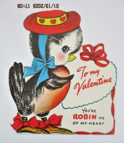 VINTAGE VALENTINE Robin Bird in Bonnet and Bows "You're ROBIN me of my ...