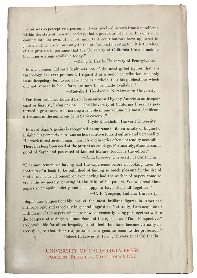 Selected Writings of Edward Sapir by David G. Mandelbaum (1986 ...