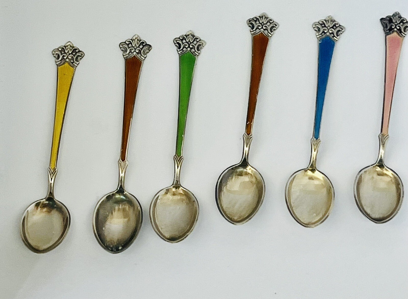 RARE SET NORWAY 925 STERLING SET OF 6 ENAMEL DEMITASSE SPOONS 53.50G ...