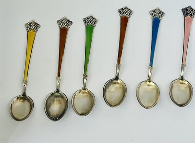 RARE SET NORWAY 925 STERLING SET OF 6 ENAMEL DEMITASSE SPOONS 53.50G ...