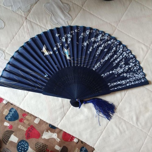 Navy Blue Fan with Butterfly and Flower Design | eBay