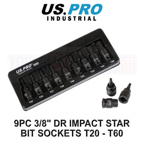 US PRO INDUSTRIAL 9pc 3/8” DR Impact Torx Star Bit Sockets Set T20 ...