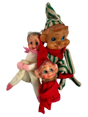 Vintage Set of 3 Knee Hugger Christmas Elves Elf Pink Striped Pixie ...