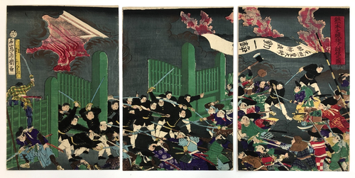 Yoshitora Woodblock print Triptych：The defeat of the bandits in ...