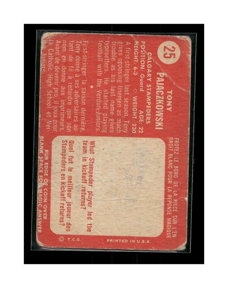 1958 Topps CFL Tony Pajaczkowski #25 FOOTBALL | eBay