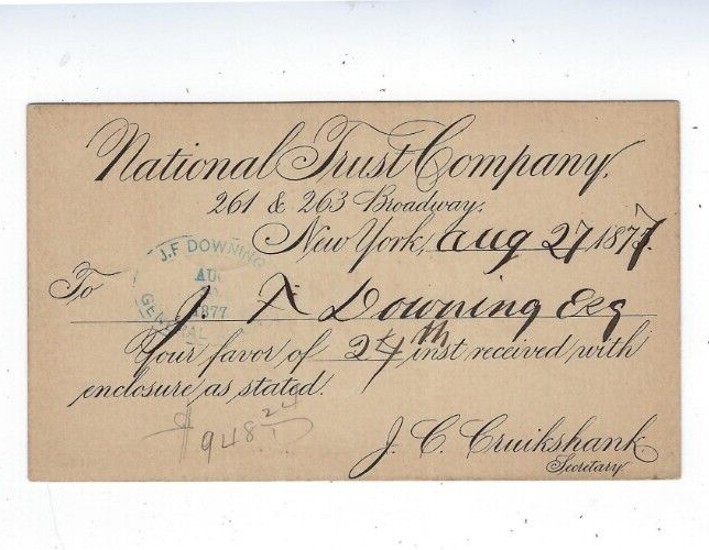 1877 New York, FANCY Elipse 25, UX3 Postal Card National Trust Co ...