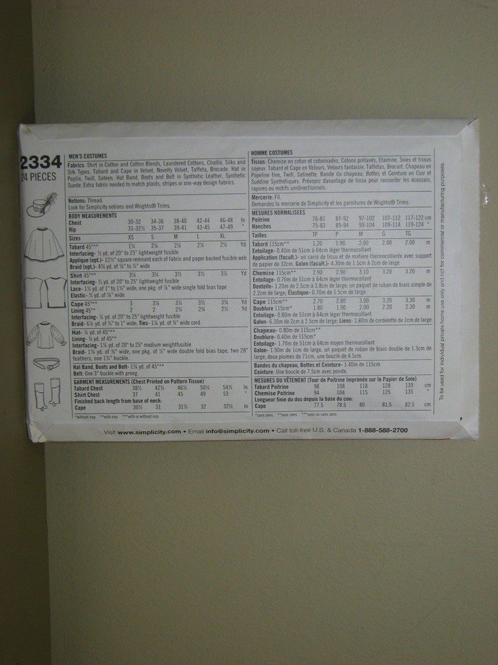 Simplicity costume pattern 2334 sz XS S M musketeer cape puffy shirt ...