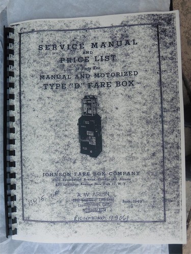 Vintage Copy of Service Manual for Type "D" Bus/Train Fare Box by ...