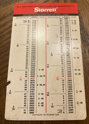 1 Vintage STARRETT Tap Drill Size Decimal Equivalents Pocket Card Chart ...