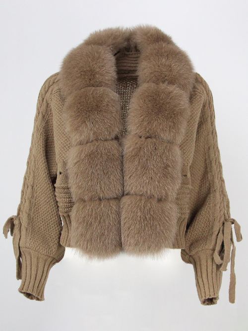 Women Casual Real Fur Collar New Warm Loose Knitted Jacket with Natural ...