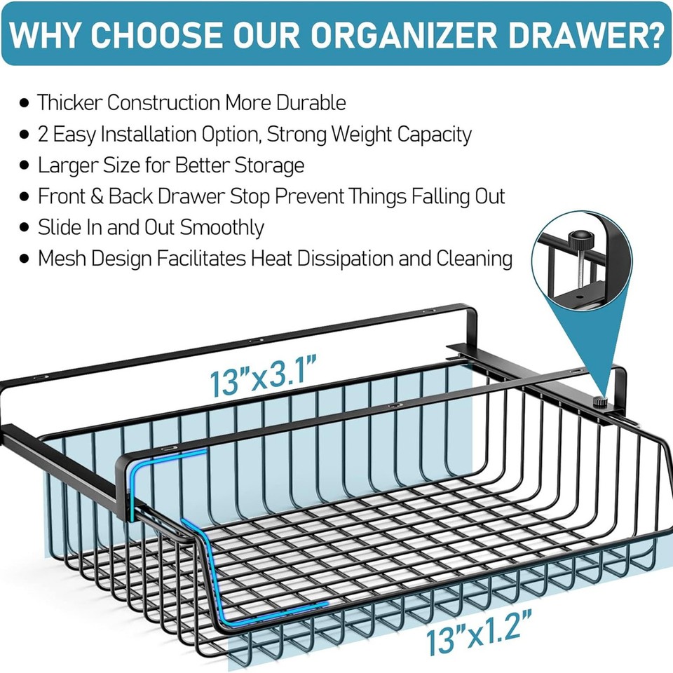 Box Under Desk Table Drawer Tray Pencil Organizer Metal Hidden Storage ...