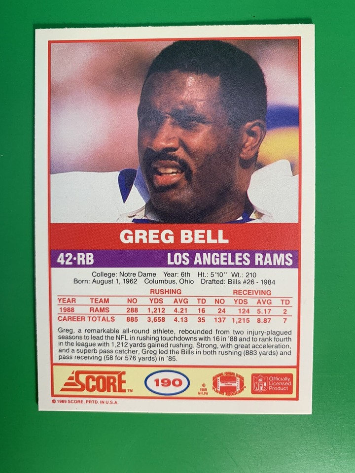 1989 Score Greg Bell #190 Los Angeles Rams | eBay