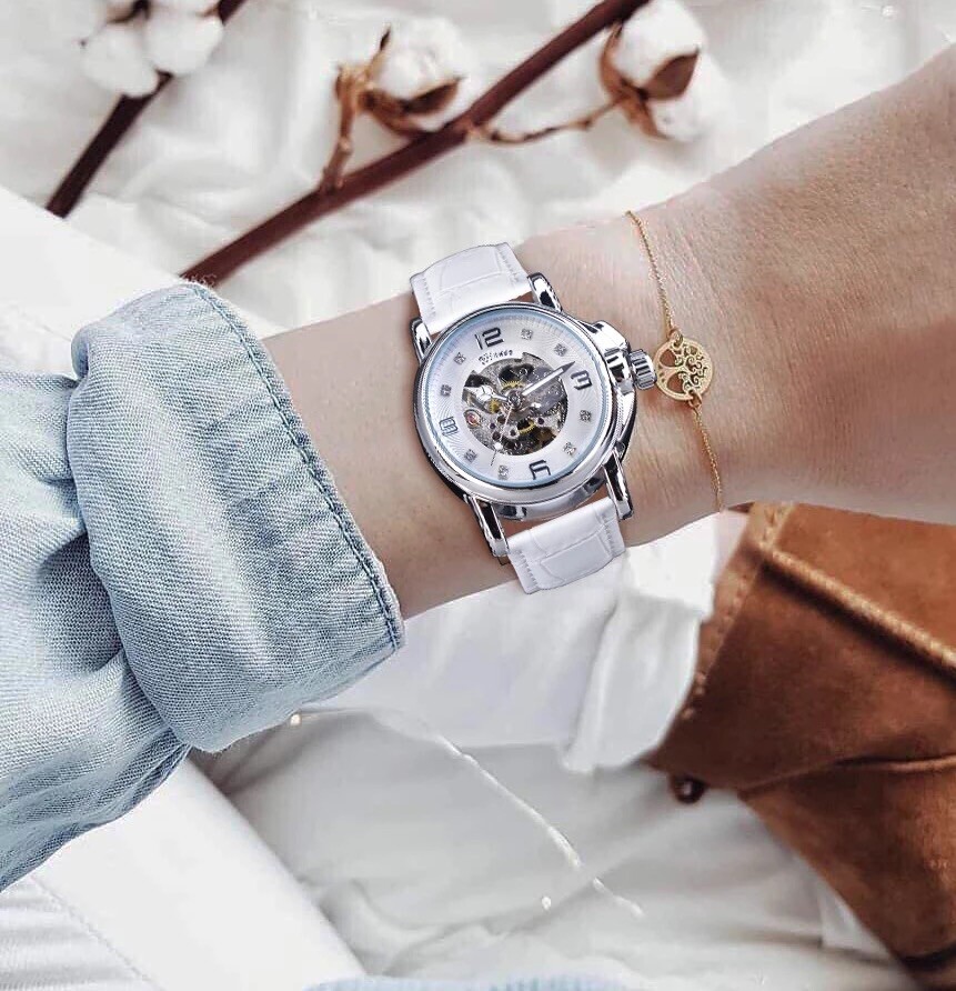 Womens Automatic Transparent Skeleton Luxury Leather Band Ladies Watch ...