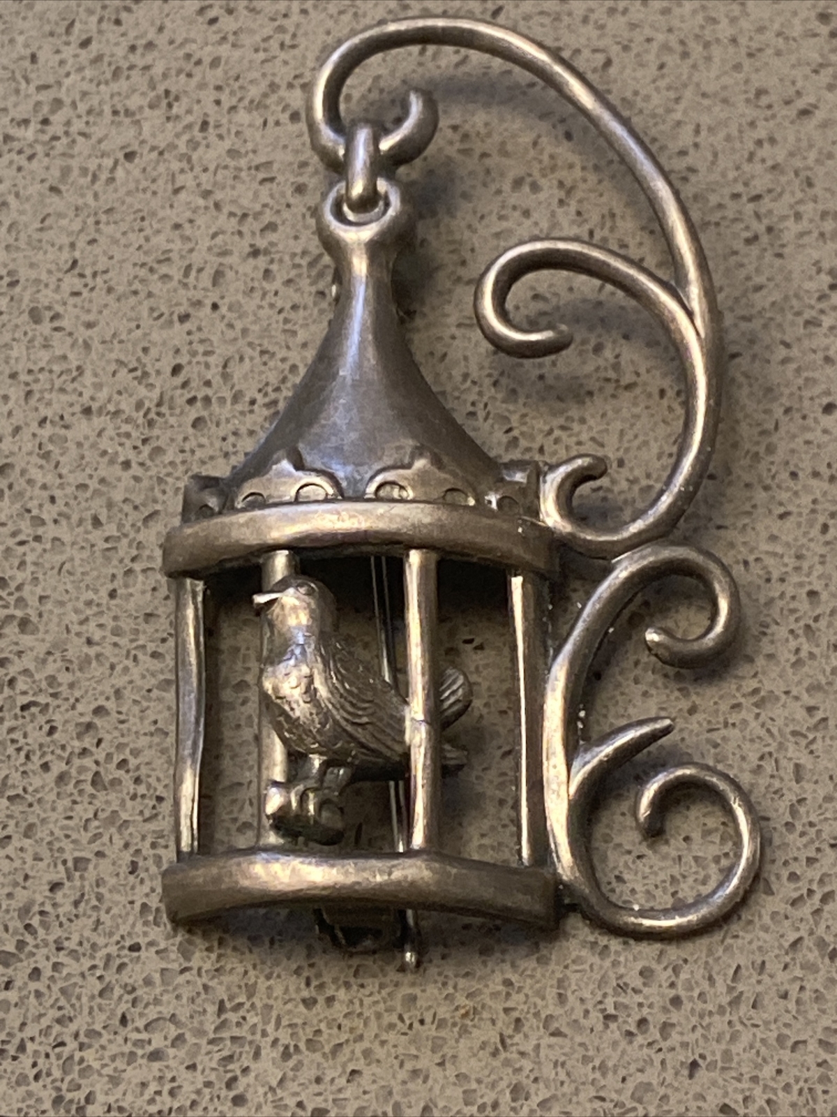 STERLING Art Nouveau LANG Bird Cage PIN Brooch Arts A… - Gem