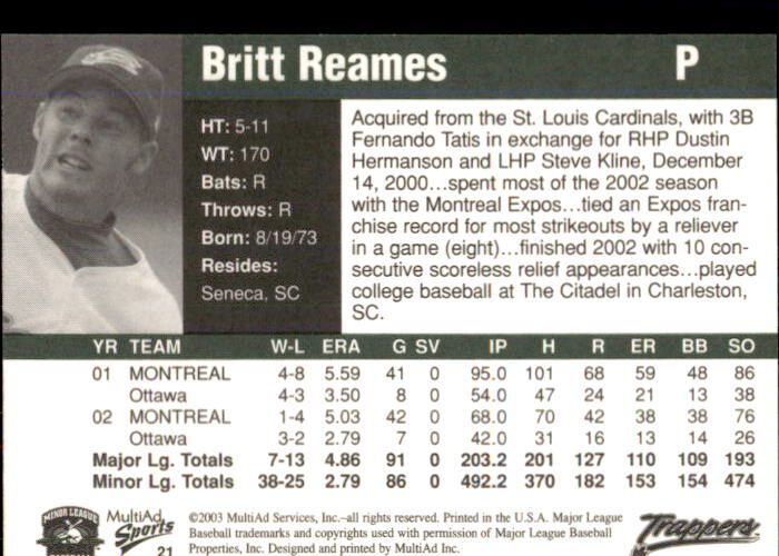 2003 Edmonton Trappers Multi-Ad #21 Britt Reames Seneca South Carolina ...