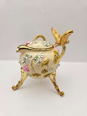 Enamel Painted Inlaid 4" Teapot Music Box Butterfly Handle Gold ...