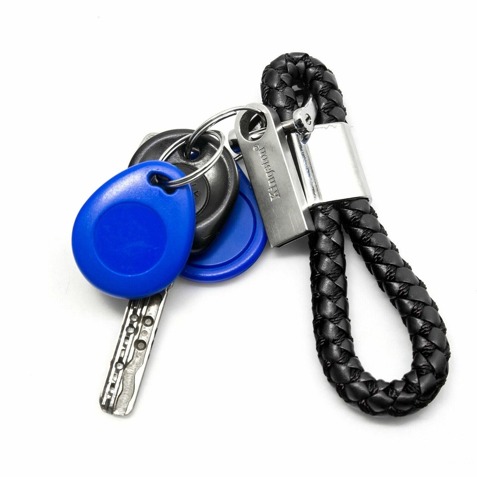 Black Universal Braided Leather Strap Key Chain Ring Fits Car Key Fob ...