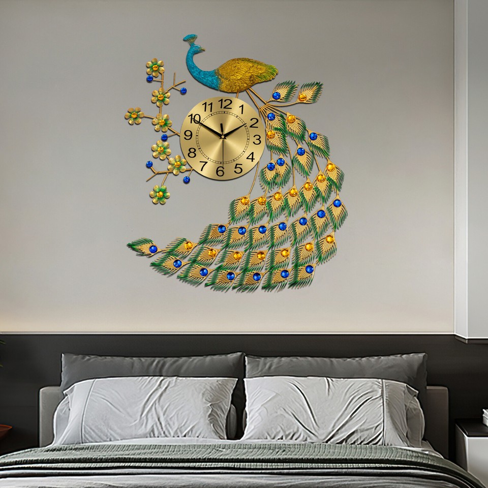 Luxury Large Wall Clock 3D Peacock Metal Wall Watch Living Room Wall ...