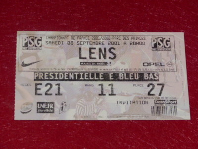 [COLLECTION SPORT FOOTBALL] TICKET PSG / LENS 8 SEPTEMBRE 2001 Champ ...