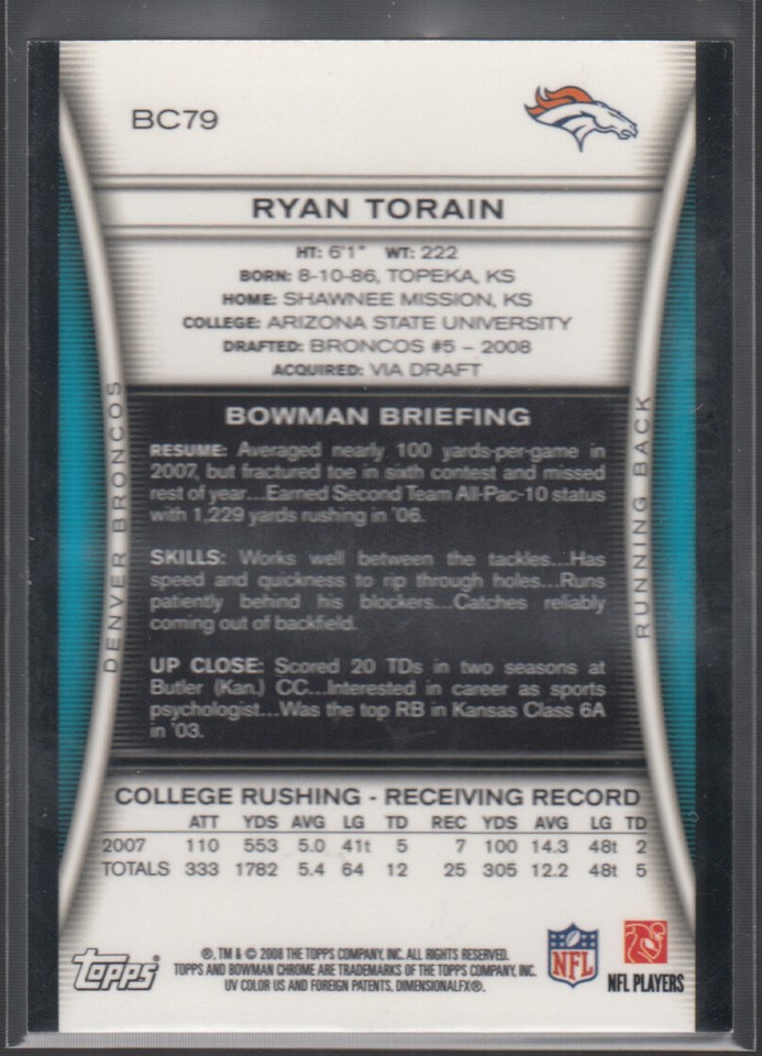 RYAN TORAIN 2008 Bowman Chrome Rookie Autographs #BC79 Signed RC Denver ...