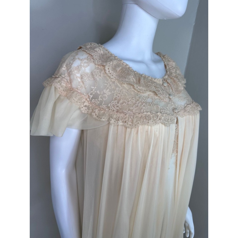Vintage 1950s Full Length Peignoir Set Vanity Fair Sheer Cream Nylon Lace 50s | eBay