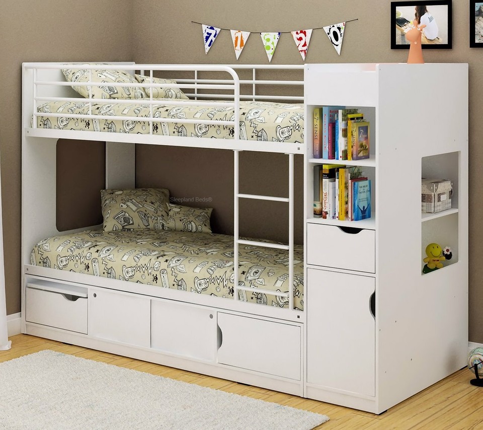 White Storage Bunk Bed - Single - Cupboards - Shelves - Drawers ...
