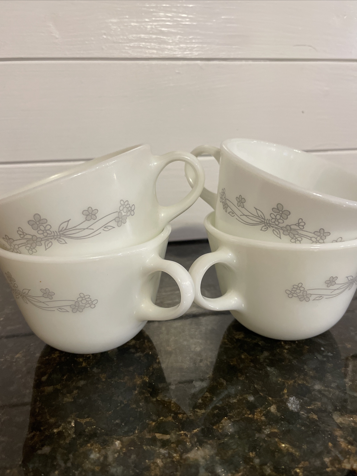 Pyrex Ribbon Bouquet Gray Coffee Cups/Mugs Flower Vine Milk Glass Set ...