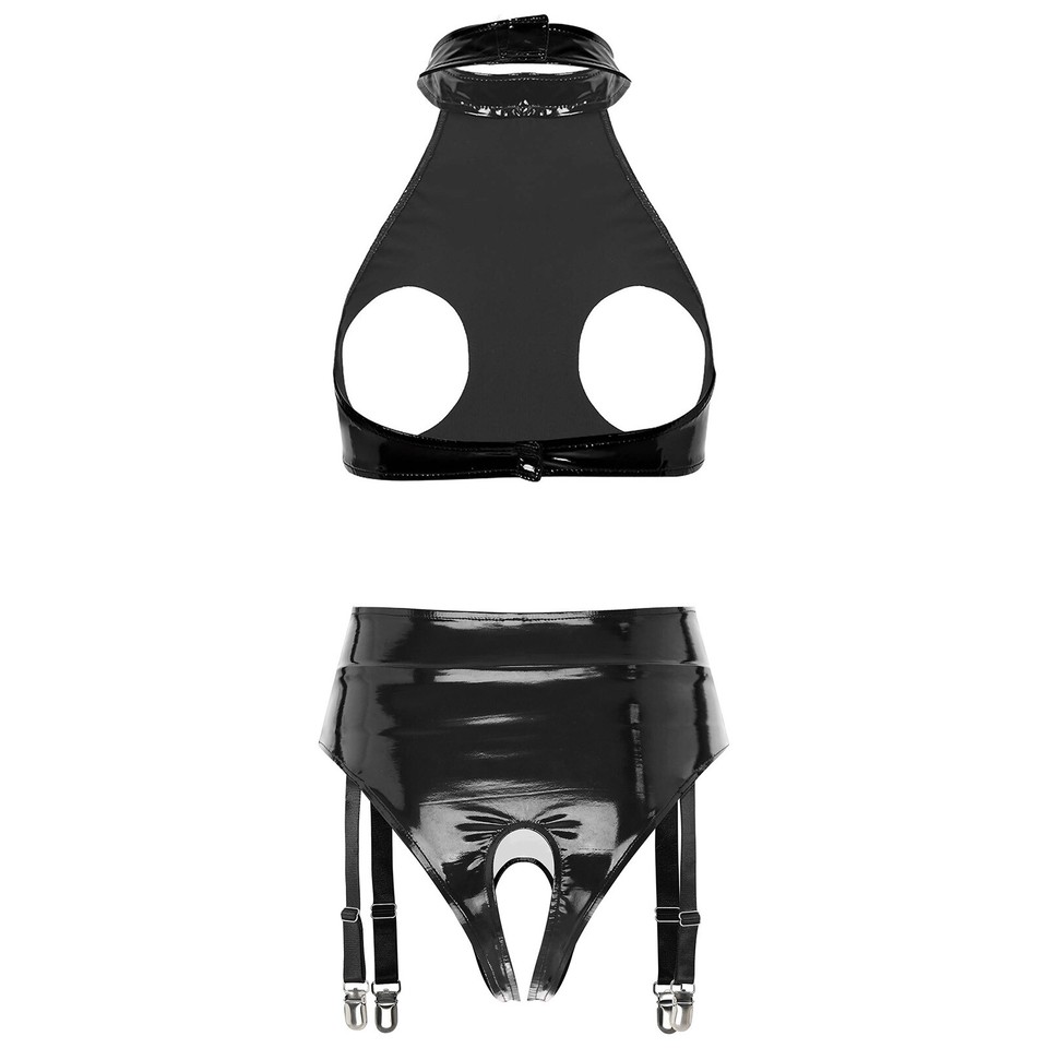 Womens Wet Look Leather Lingerie Open Cups Bra Top with Garter Belt ...
