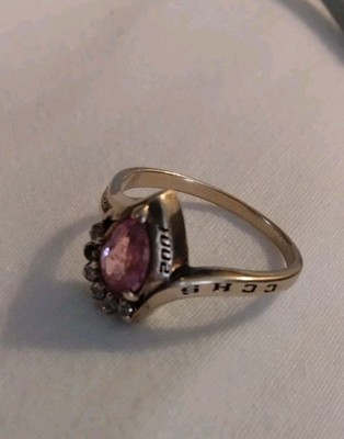 10 Kt Yellow Gold Keystone 2001 Class Ring With Diamond And Pink Stone ...