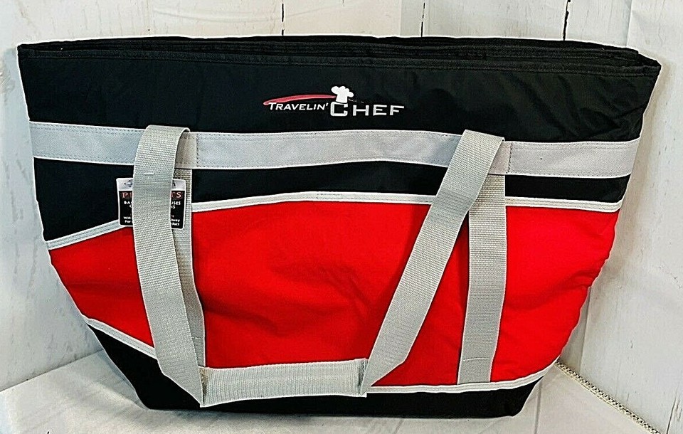 Travelin’ Chef Red & Black Thermal Dual Compartment Hot/Cold Food Tote ...