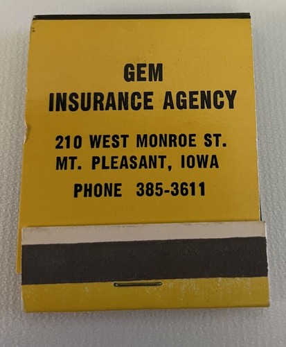 Vintage Gem Insurance Agency Mt. Pleasant Iowa Matchbook Unstruck | eBay