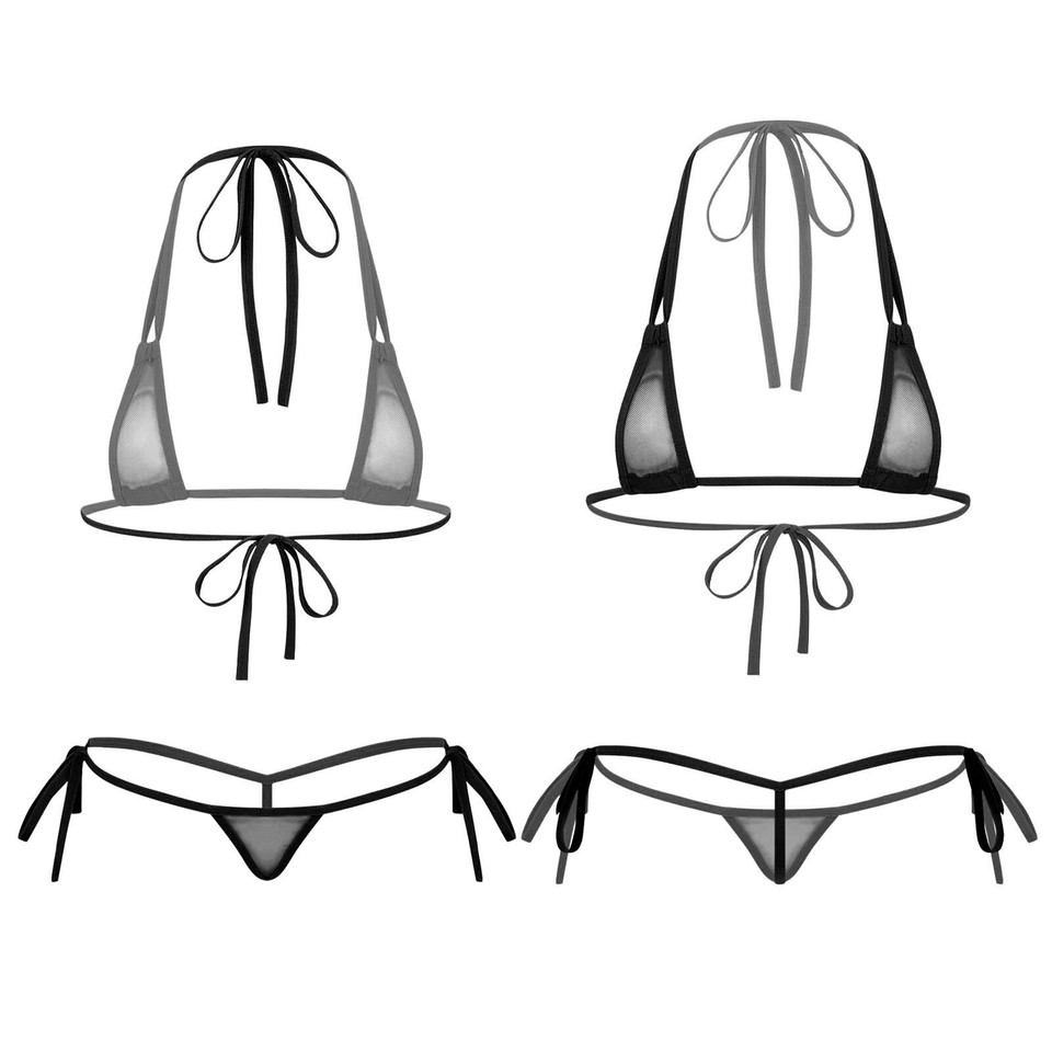 Women's See-through Mesh Strappy Micro Thongs Bra Mini Bikini Swimwear ...