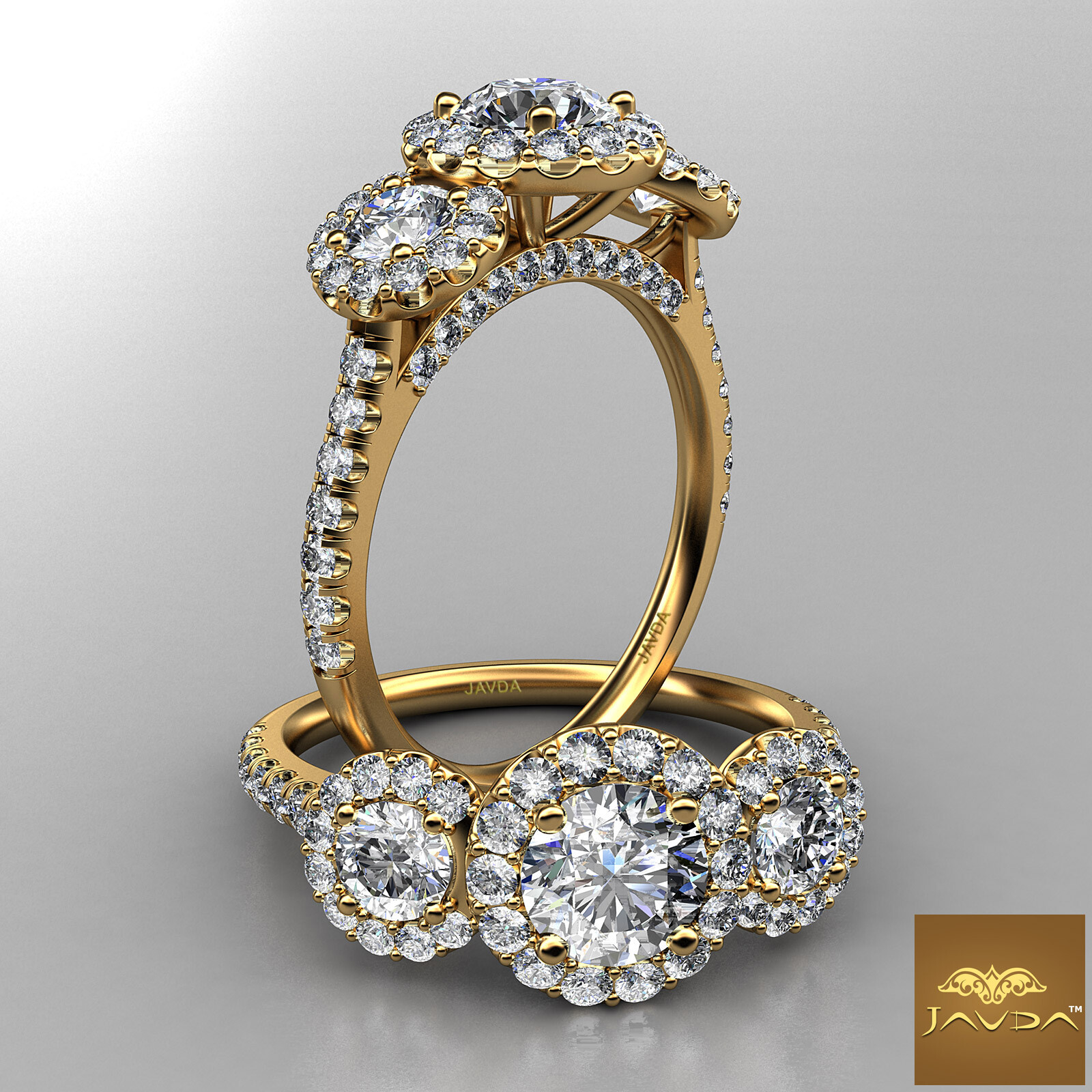 Halo U Cut Prong Set 3 Stone Round Diamond Engagement Ring GIA D Color ...