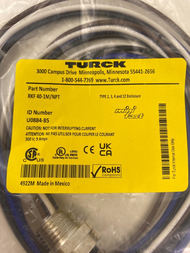 Turck RKF40-1M/NPT (U0884-85) Panel Mount Receptacle 4 Pin Female With ...