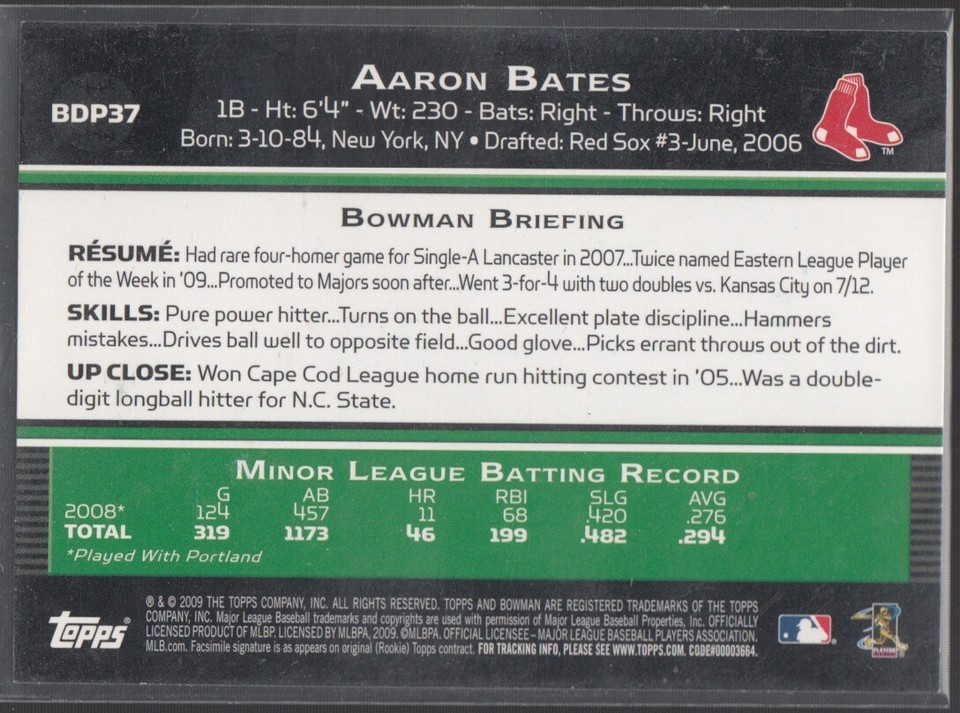 AARON BATES 2009 Bowman Draft #BDP37 Rookie RC Red Sox TTM/IP Signed ...