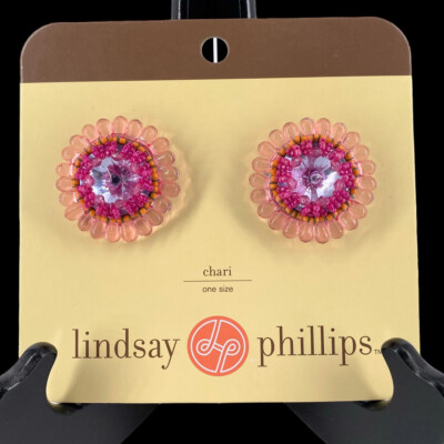 New Lindsay Phillips Shoe Snaps CHARI Pink Crystals Beads Button Flower ...