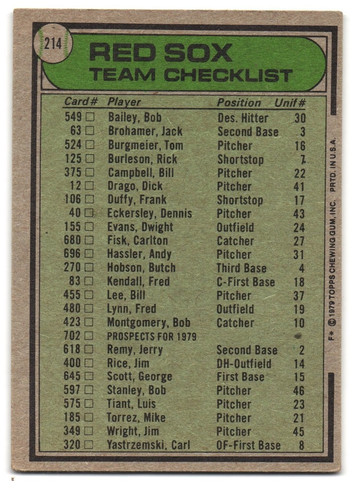 Boston Red Sox Team Card 1979 Topps ML Baseball #214 | eBay