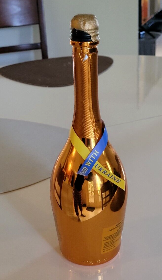 Empty bottle of the Ukrainian Bomon Shampe Angel sparkling wine, Odesa ...