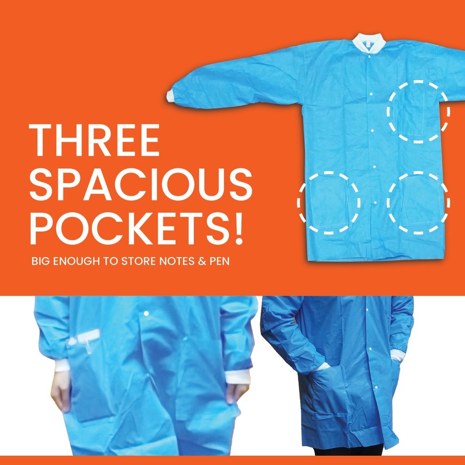 Disposable Lab Coats Blue with 3 Pockets, Woven Sleeves, M/L/XL/XXL, 10 ...