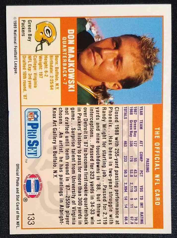 1989 Pro Set #133 Don Majkowski Rookie RC Auto Signed Green Bay Packers ...