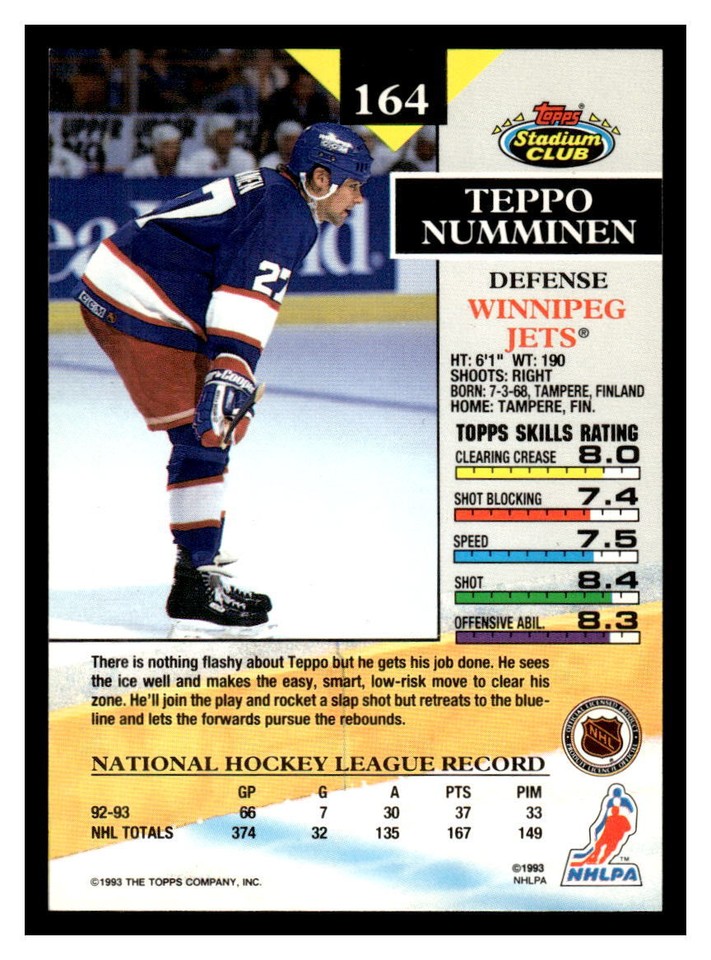 1993 Stadium Club #164 Teppo Numminen - Winnipeg Jets | eBay