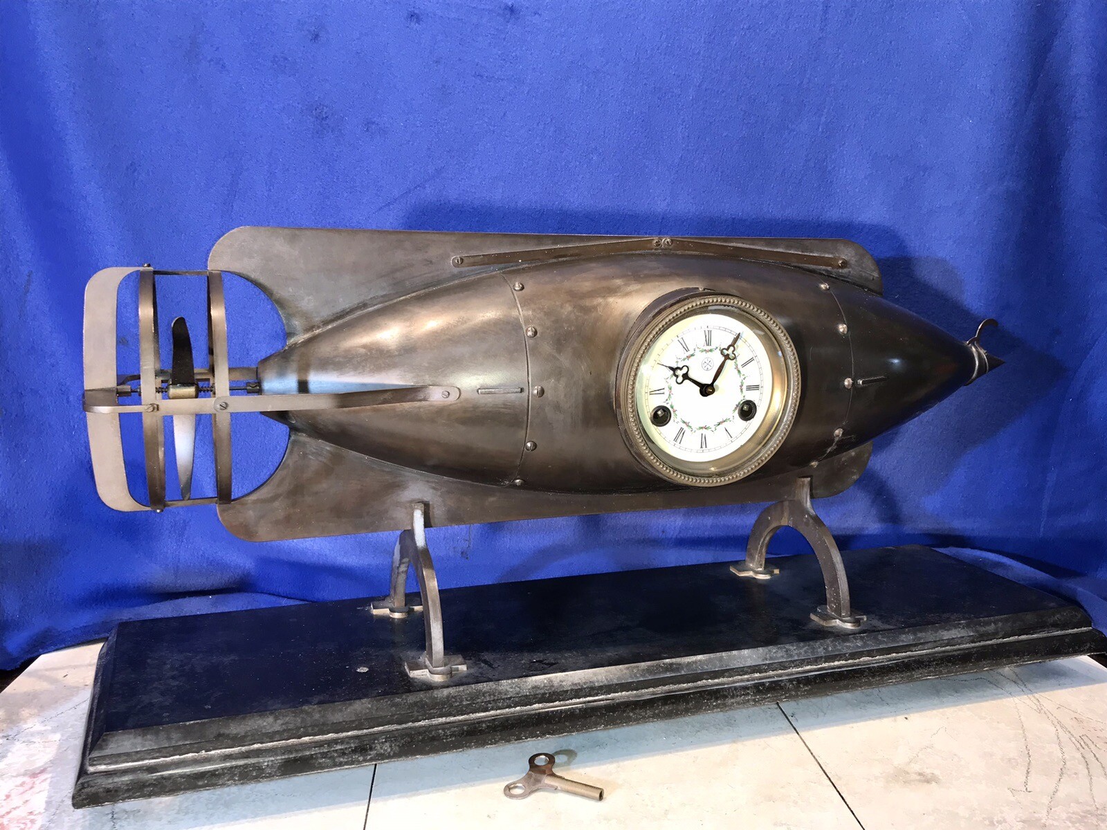 RARE Heavy & Large Metal Submarine Strikes Clock ,Marble Base,porcelain ...