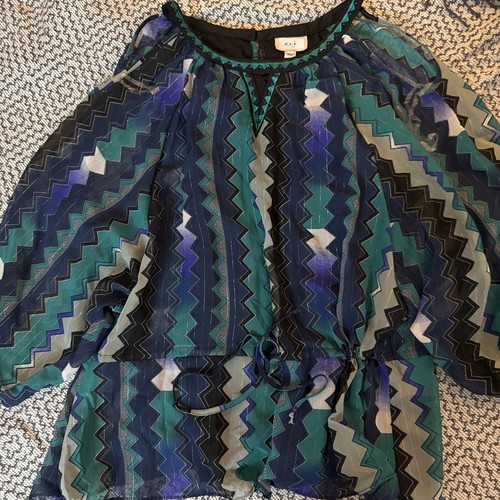 Eci New York Blouse Xl Zig Zag Turquoise Beaded Top Cold Shoulder Tie ...