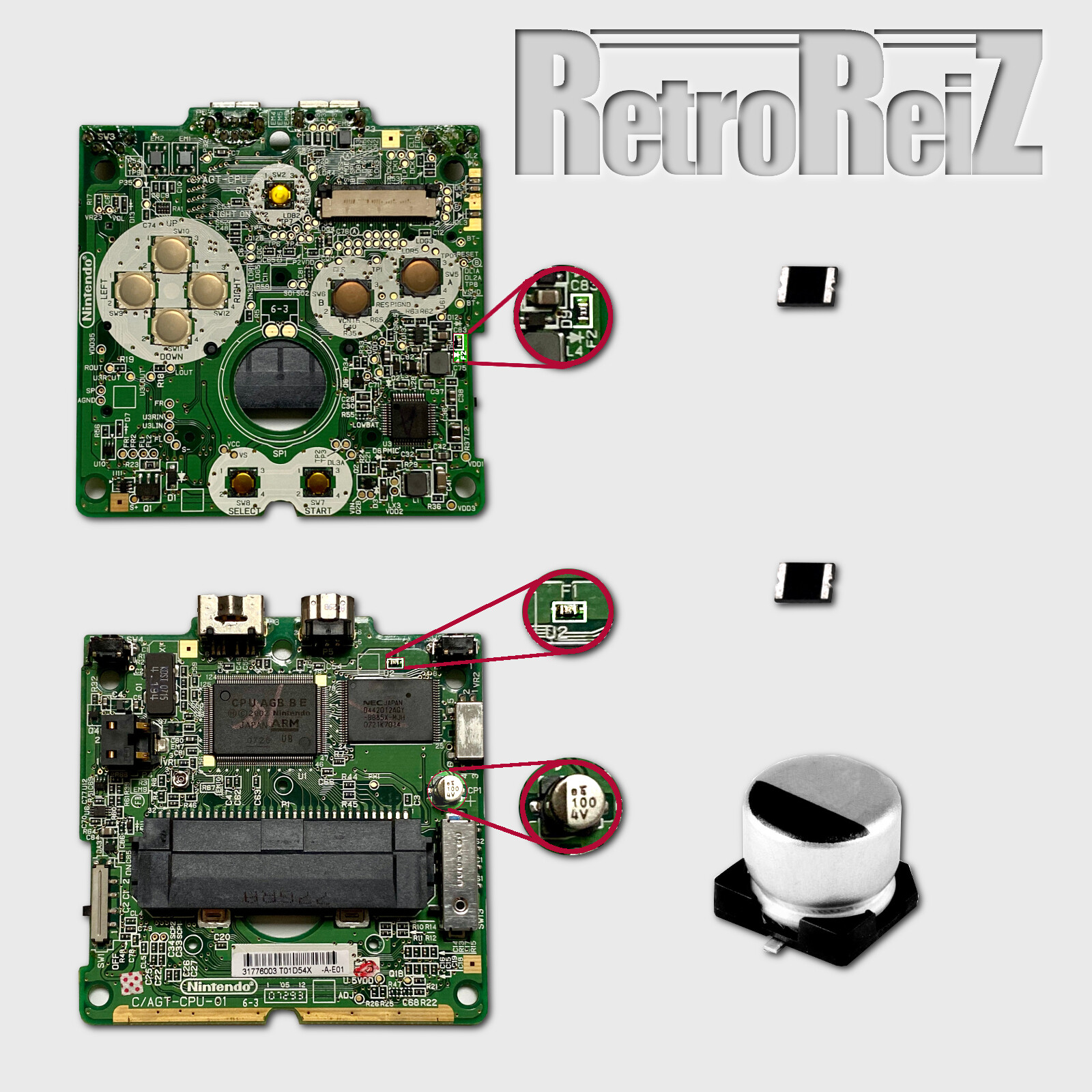 Ersatz Kondensator & Sicherungen für GameBoy Advance SP F1 F2 GBA Elko ...