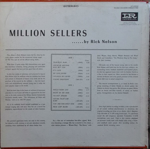 Ricky Nelson (2) - Million Sellers - Imperial - LP-12232 - LP, Comp ...