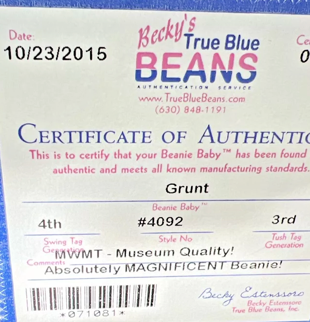 MWMT Authentic Ty Mint Beanie Baby Original PVC Grunt 4092 July ...