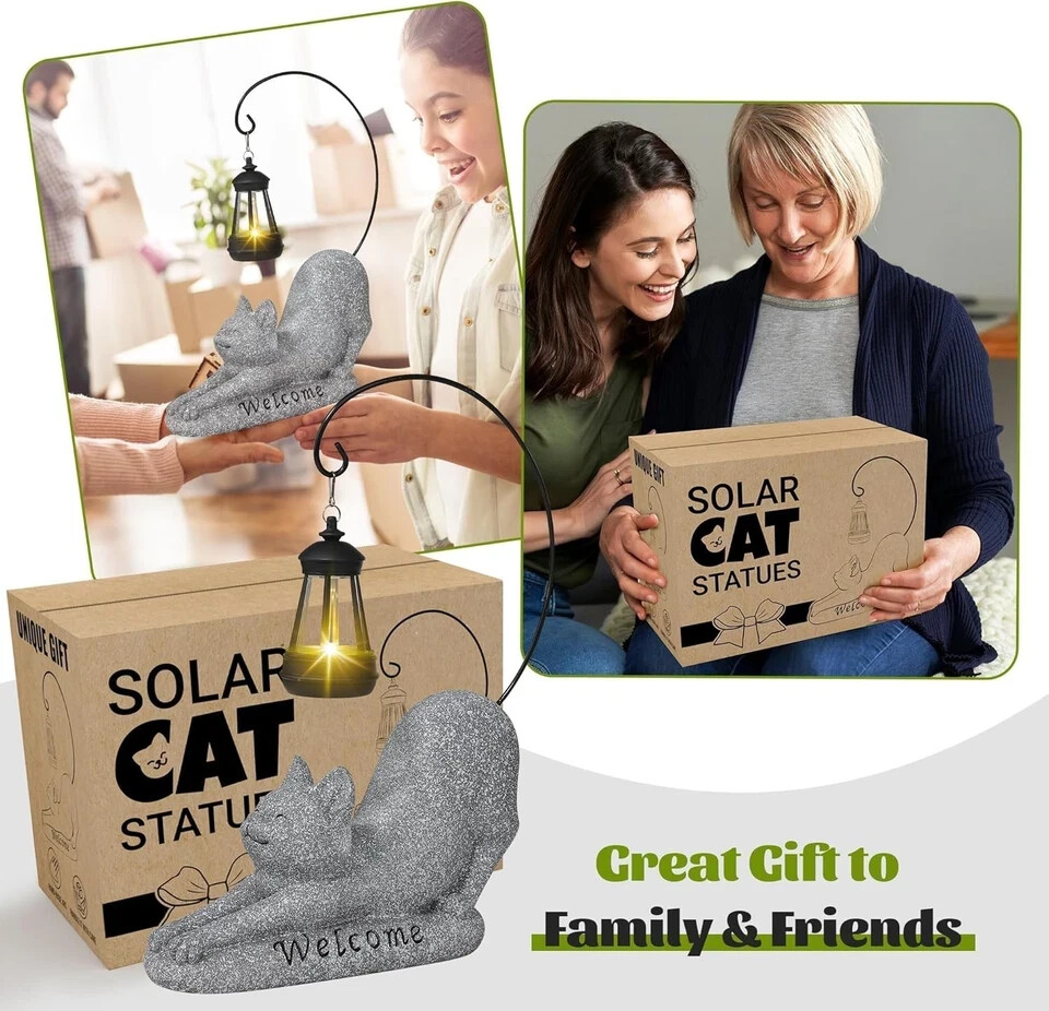 Solar Cat Garden Statue Outdoor Decor Cat Figurine with Solar Lantern ...