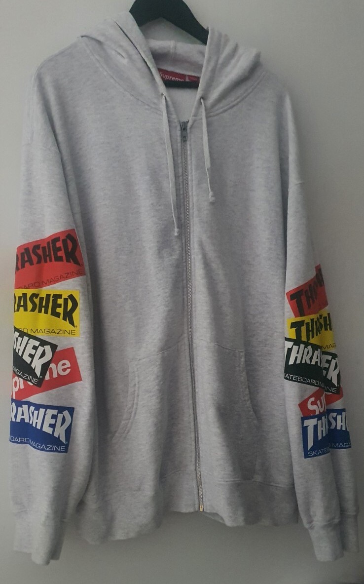 FW21 Supreme x Thrasher Multi Logo Zip Up hooded Ash Grey FW21 Supreme x Thrasher Multi Logo Zip Up hooded Ash Grey