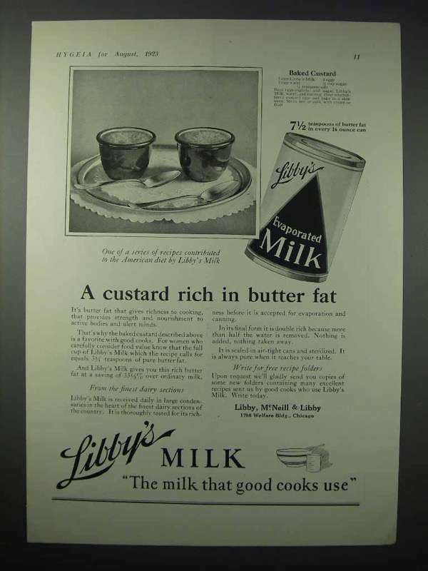 1923 Libby's Evaporated Milk Ad - Custard Rich in Fat | eBay
