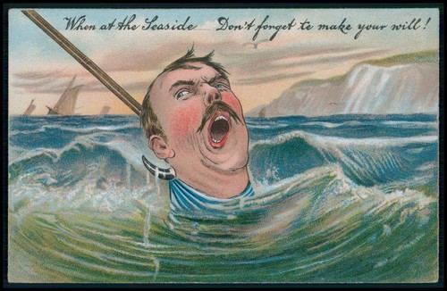 Man dying and drowning in the sea Comic humor art original old 1910s ...